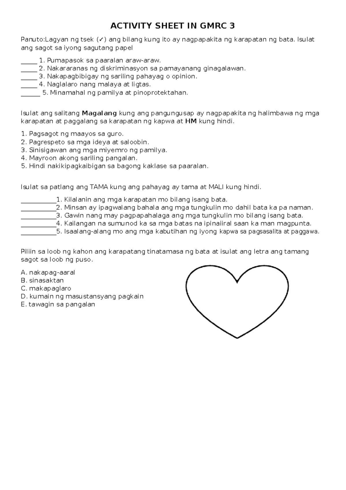 Activity Sheet on Children's Rights in GMRC 3 - Studocu