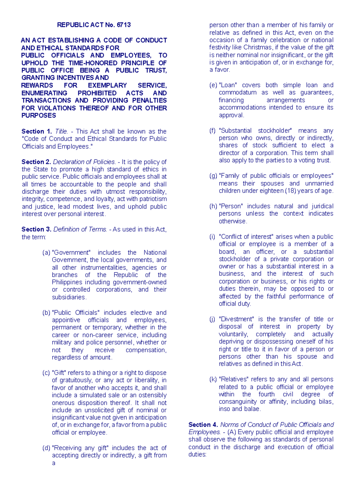 RA 6713: Code of Conduct & Ethical Standards for Public Officials - Studocu
