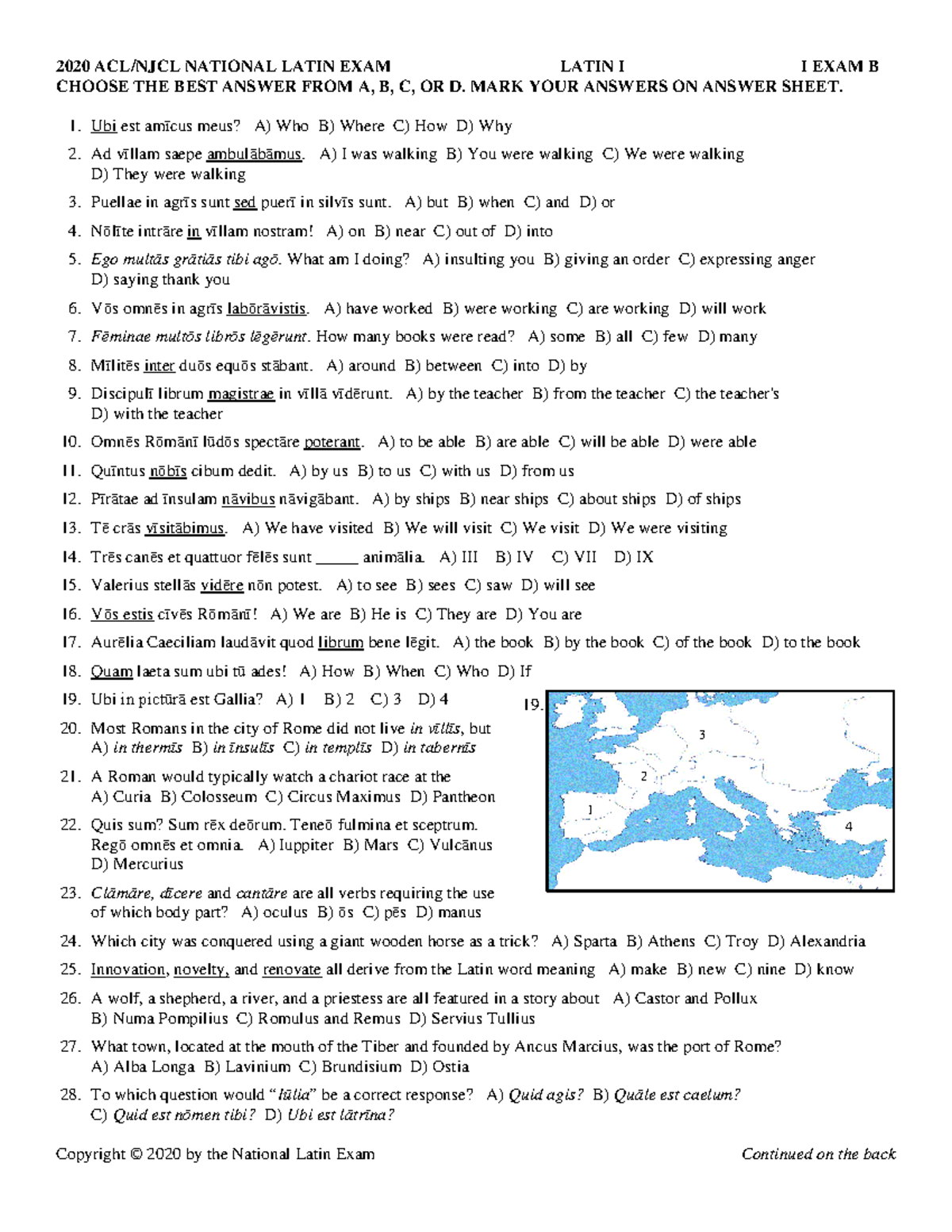 2020 Latin I Exam - NLE - 19. 2020 ACL/NJCL NATIONAL LATIN EXAM LATIN I ...
