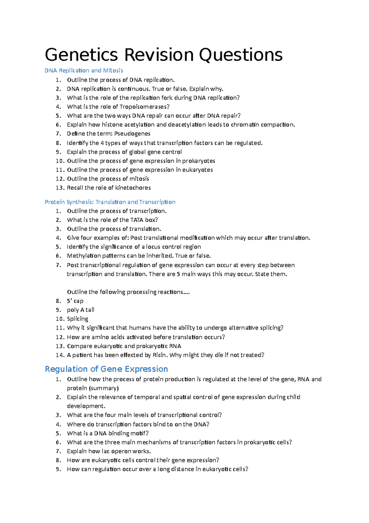 Genetics Revision Q&A for BIO101: DNA, Protein Synthesis & Disease ...