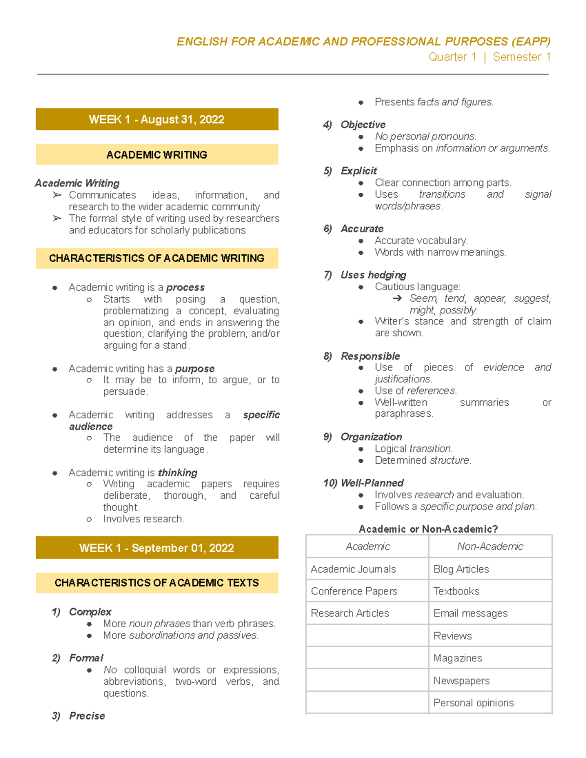 EAPP 1st Sem Quarter 1 Academic Writing Overview and Techniques - Studocu