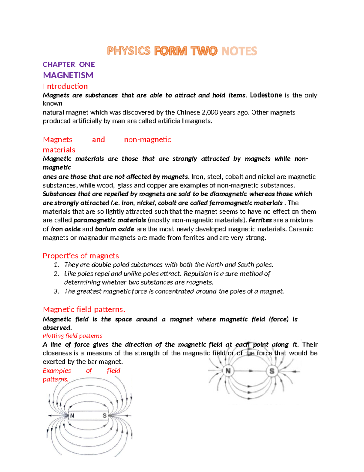 Physics FORM TWO Lecture Notes: Magnetism and Measurement Principles ...