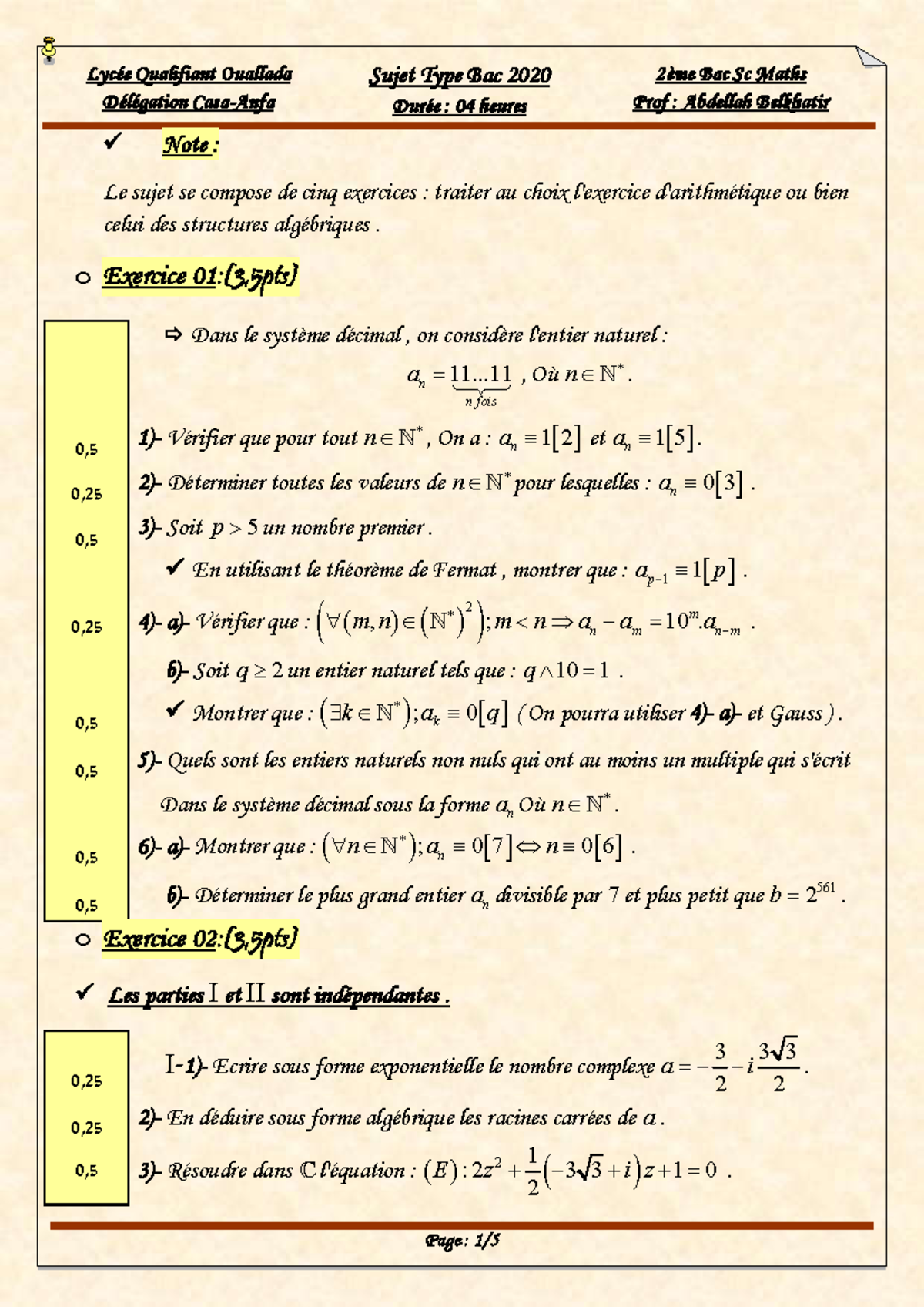 BAC Blanc 2020 - Sujet Type Maths 2ème Bac - Prof. Belkhatir - Studocu
