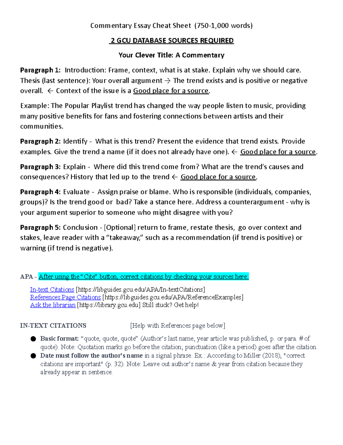 Copy of ENG 105 Cheat Sheet - Commentary Paper - Commentary Essay Cheat ...