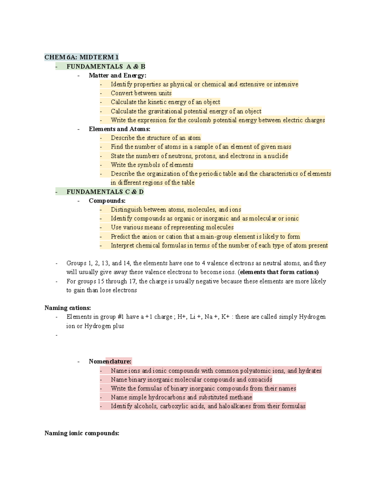 CHEM 6A Midterm Exam 1 Study Guide: Key Concepts and Formulas - Studocu