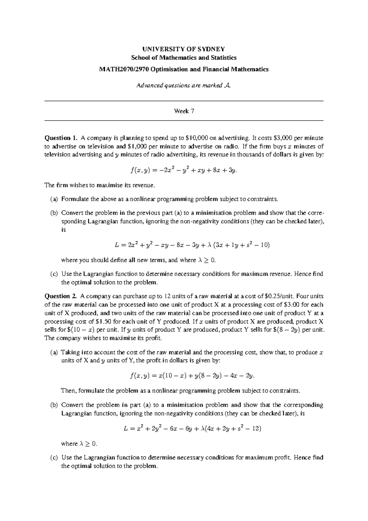 MATH3001 Week 7 Tutorial: Optimisation & Financial Math Problems - Studocu