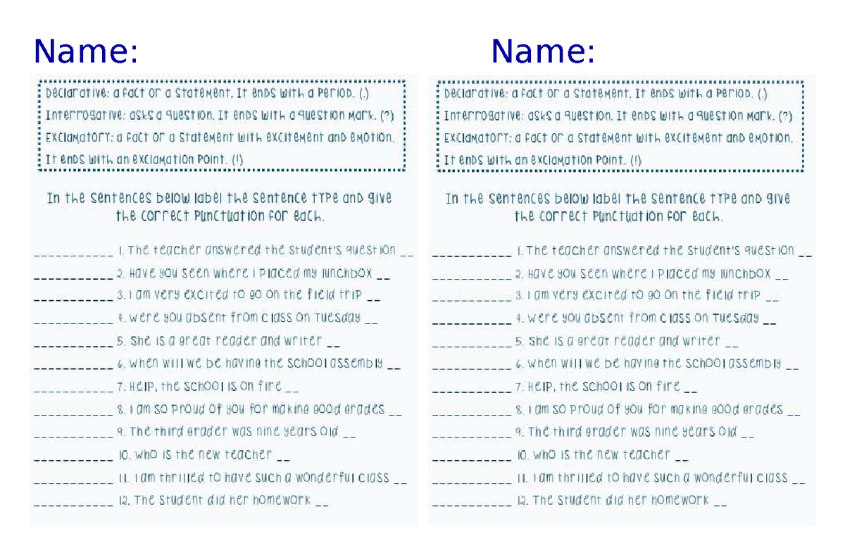 Engmath - Worksheet on Sentence Types and Punctuation for 2 - Studocu