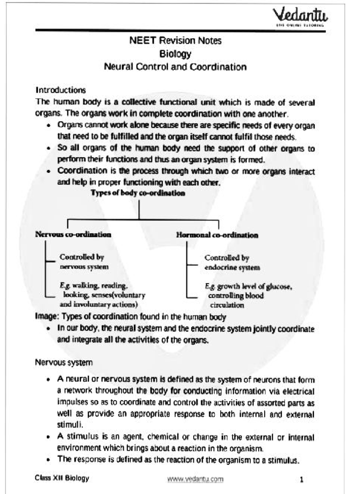 Brain - Vedantu un ONLIME TUTORING NEET Revision Notes Biology Neural ...