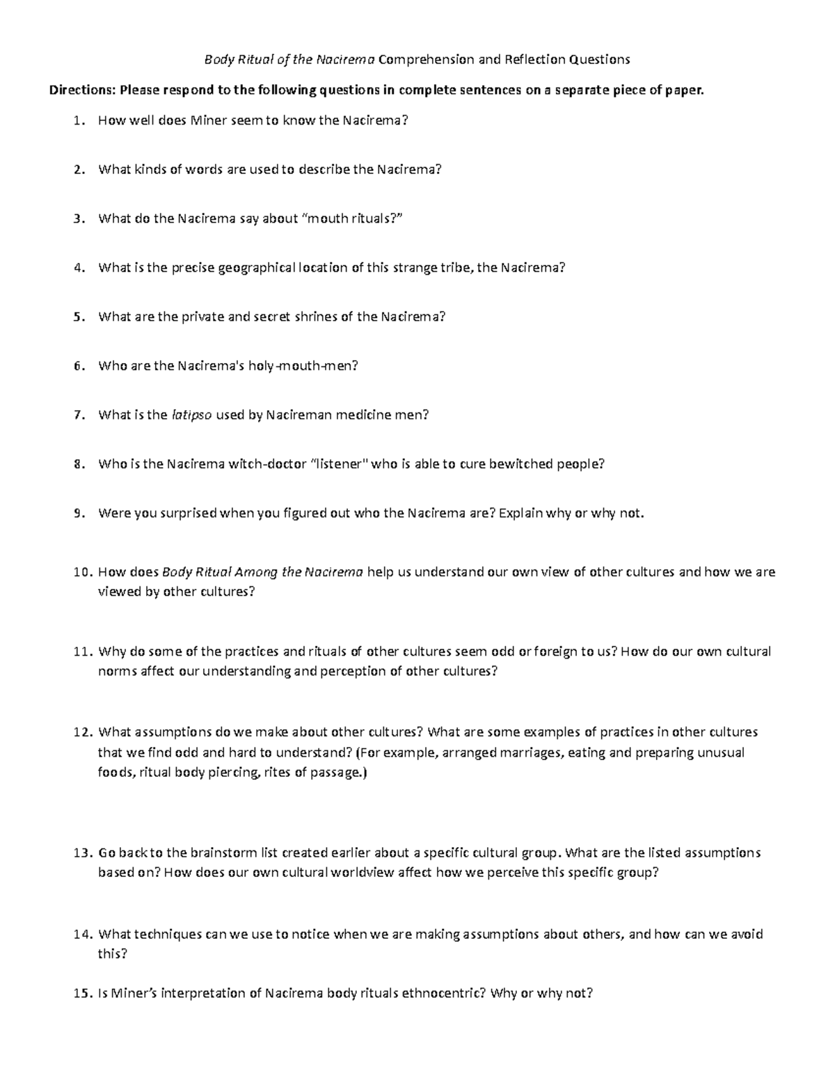 Body Ritual of the Nacirema: Comprehension & Reflection Qs - Studocu