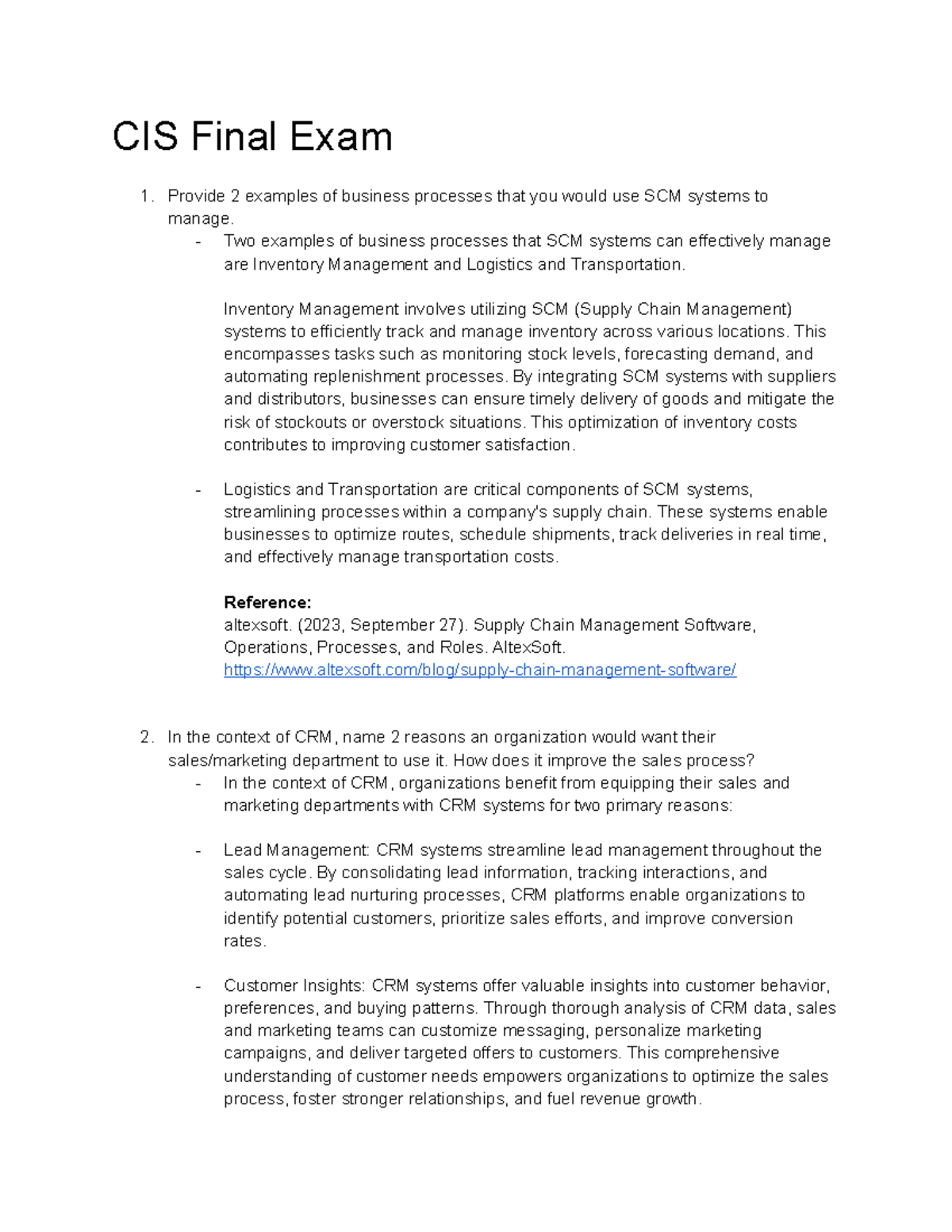 CIS Final Exam - Assignment - CIS Final Exam Provide 2 examples of ...
