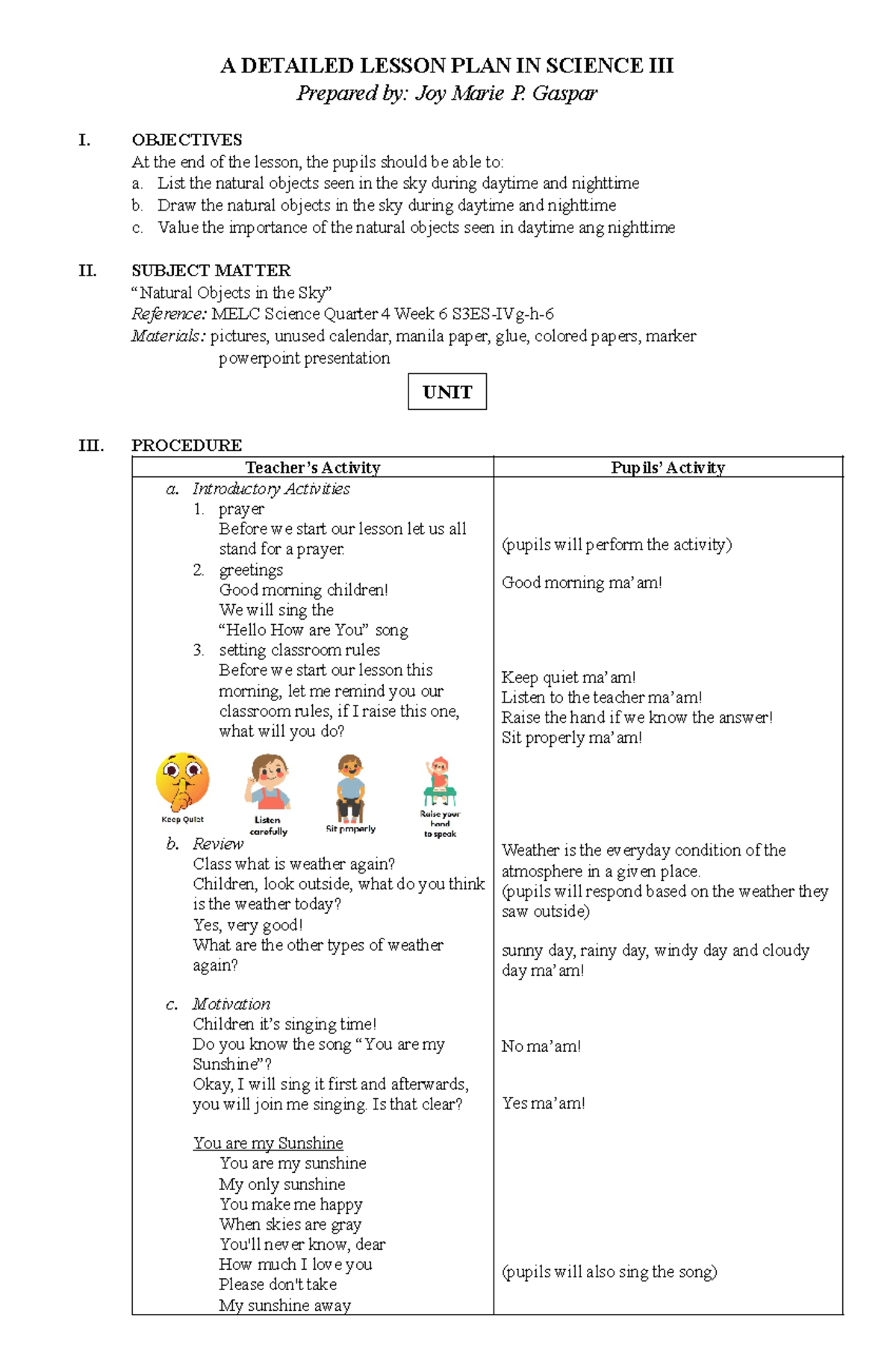 Grade 3 Science Lesson Plan: Natural Objects in the Sky - Studocu