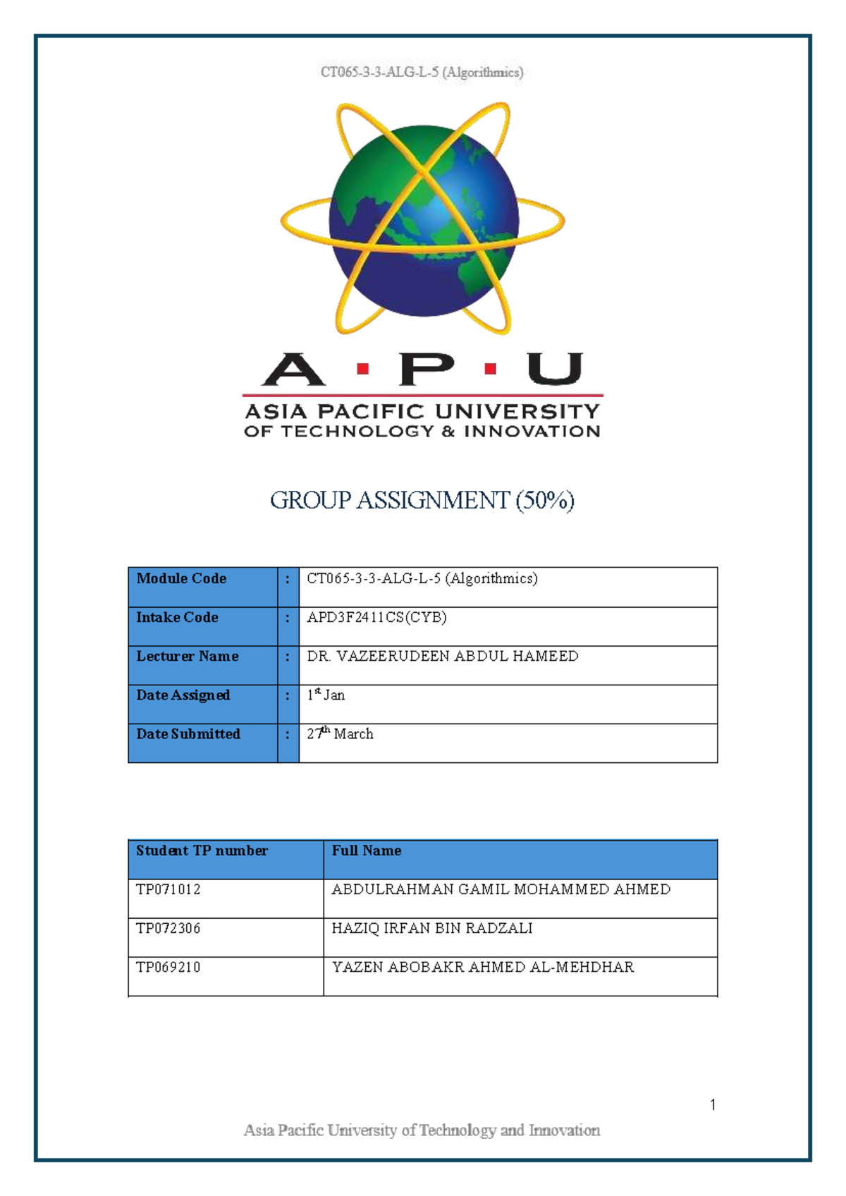 ALGO - Group Assignment on Algorithms & Complexity (APD3F2411CS) - Studocu