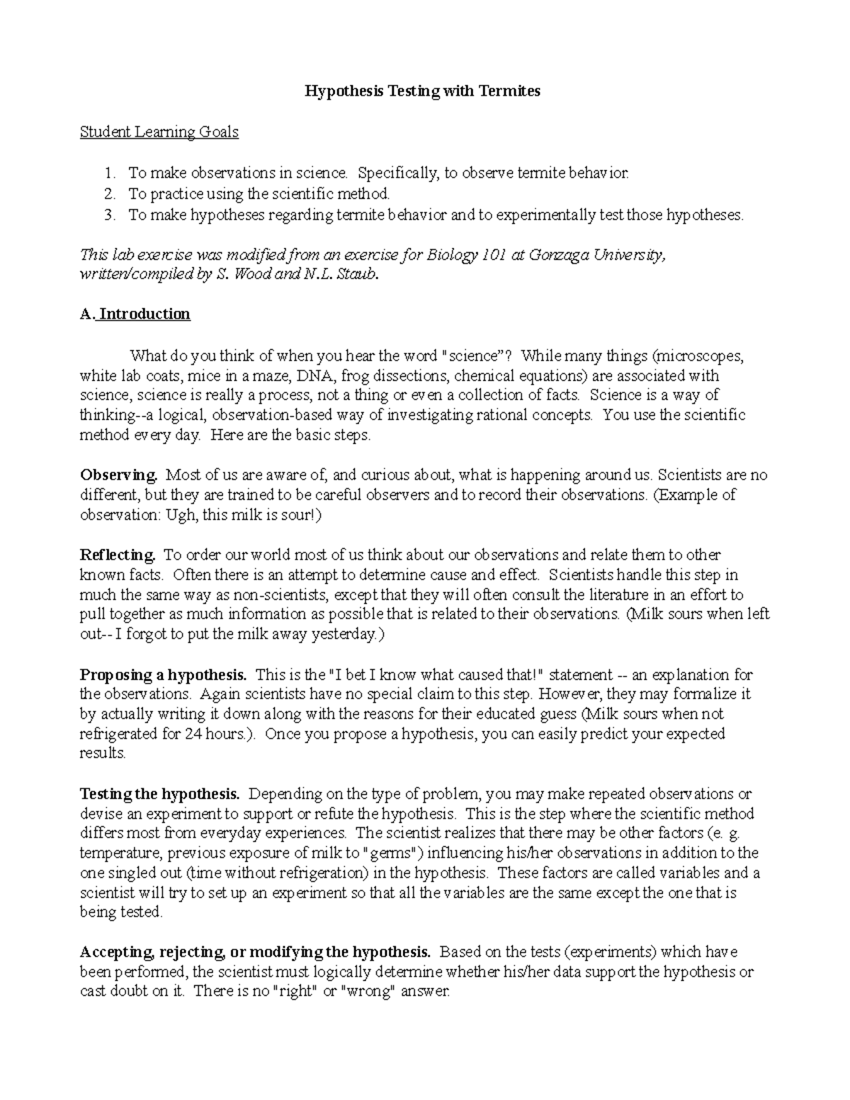 Biol 101 Hypothesis Testing Lab: Observing Termite Behavior - Studocu