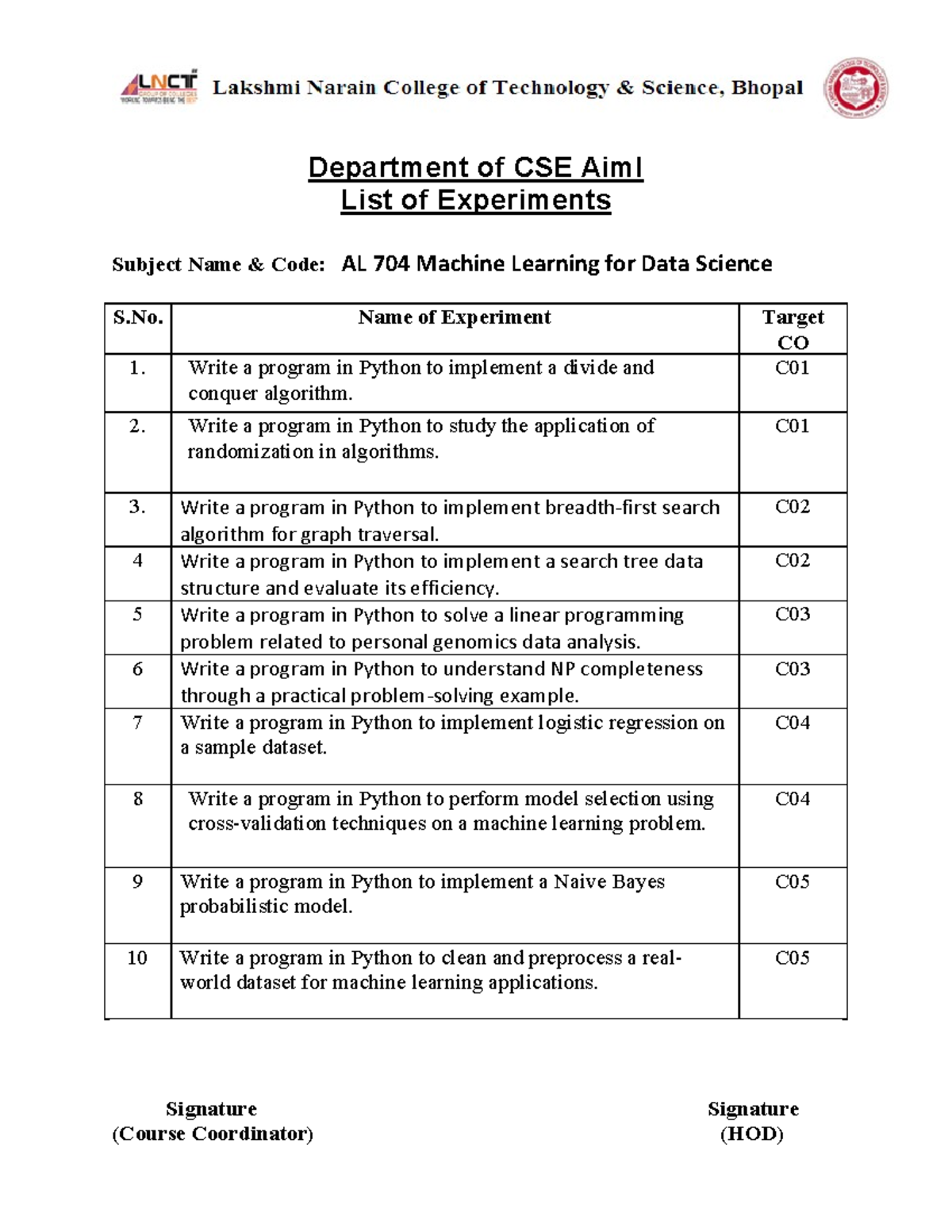 AL 704 Machine Learning for Data Science: List of Experiments - Studocu