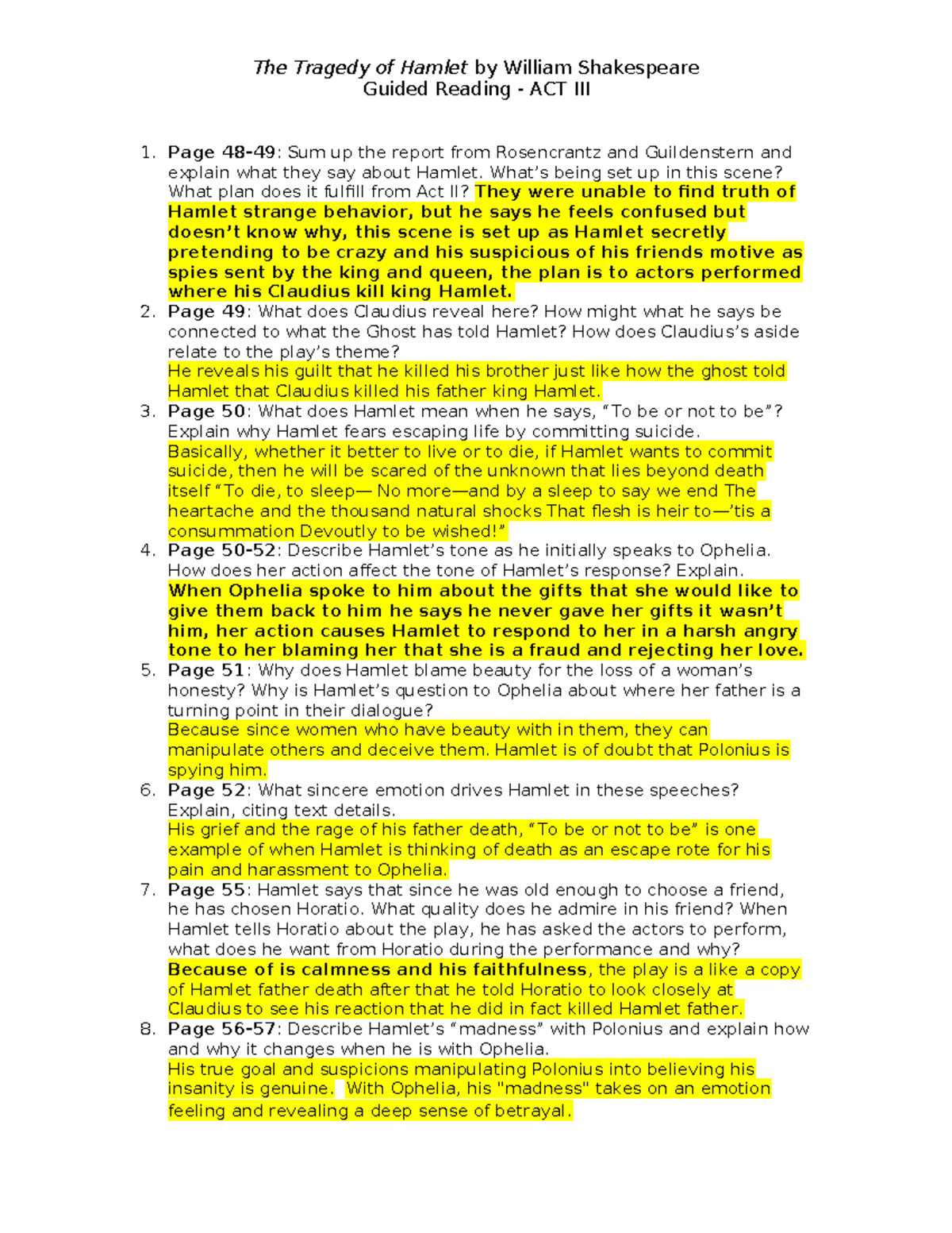 Hamlet Act 3 GRQ - The Tragedy of Hamlet by William Shakespeare Guided ...