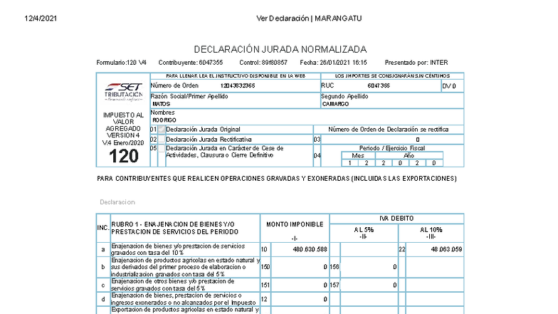 Declaración Jurada Normalizada Formulario 120 V4 - DIC2020 - Studocu
