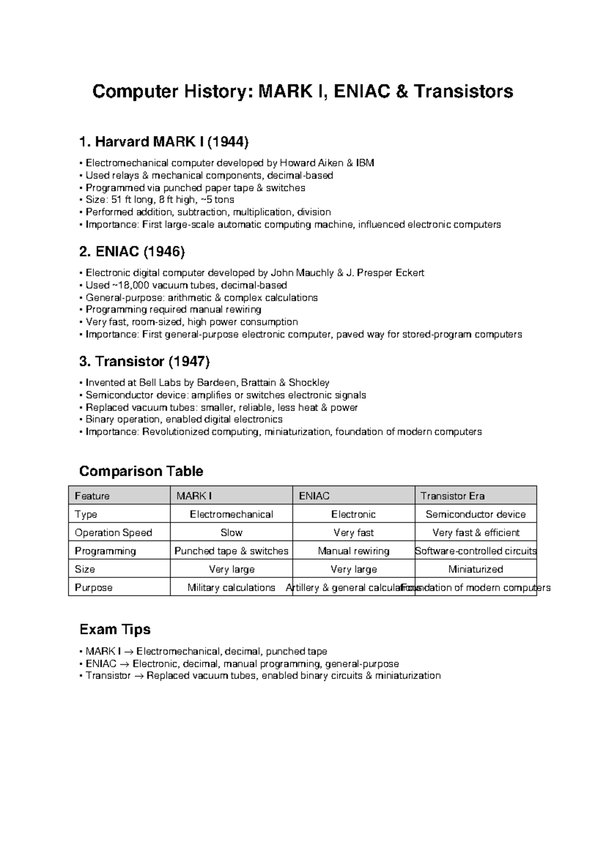Computer History Overview: MARK I, ENIAC, and Transistors - Studocu