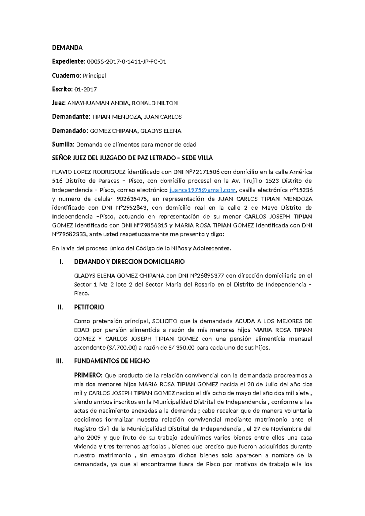 Demanda de Alimentos - Clinica Juridica TA 1 - Caso Tipian vs. Gomez ...