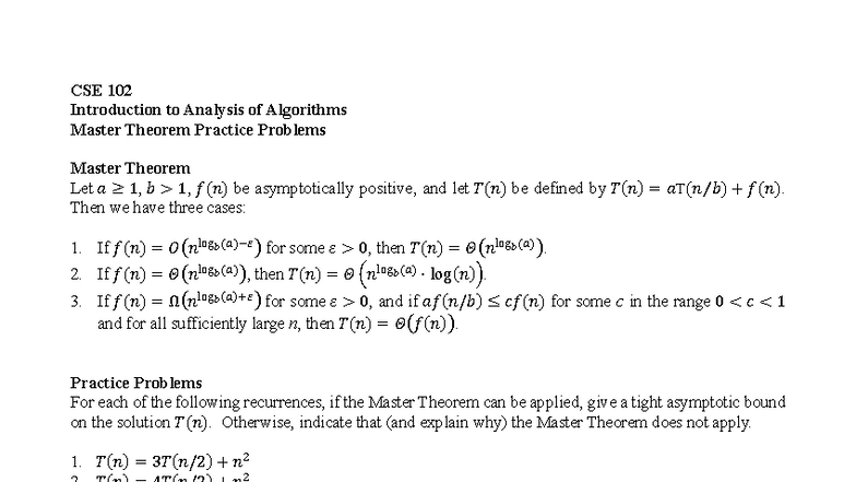 CSE 102 Master Theorem Practice Problems and Solutions - Studocu