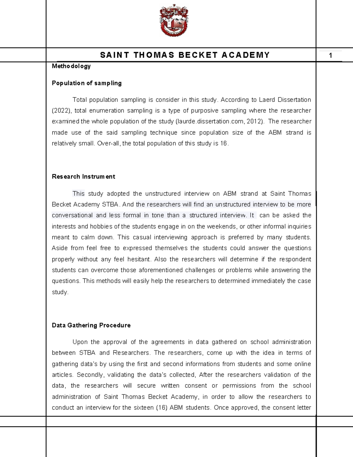 Methodology Study for ABM Strand at Saint Thomas Becket Academy - Studocu