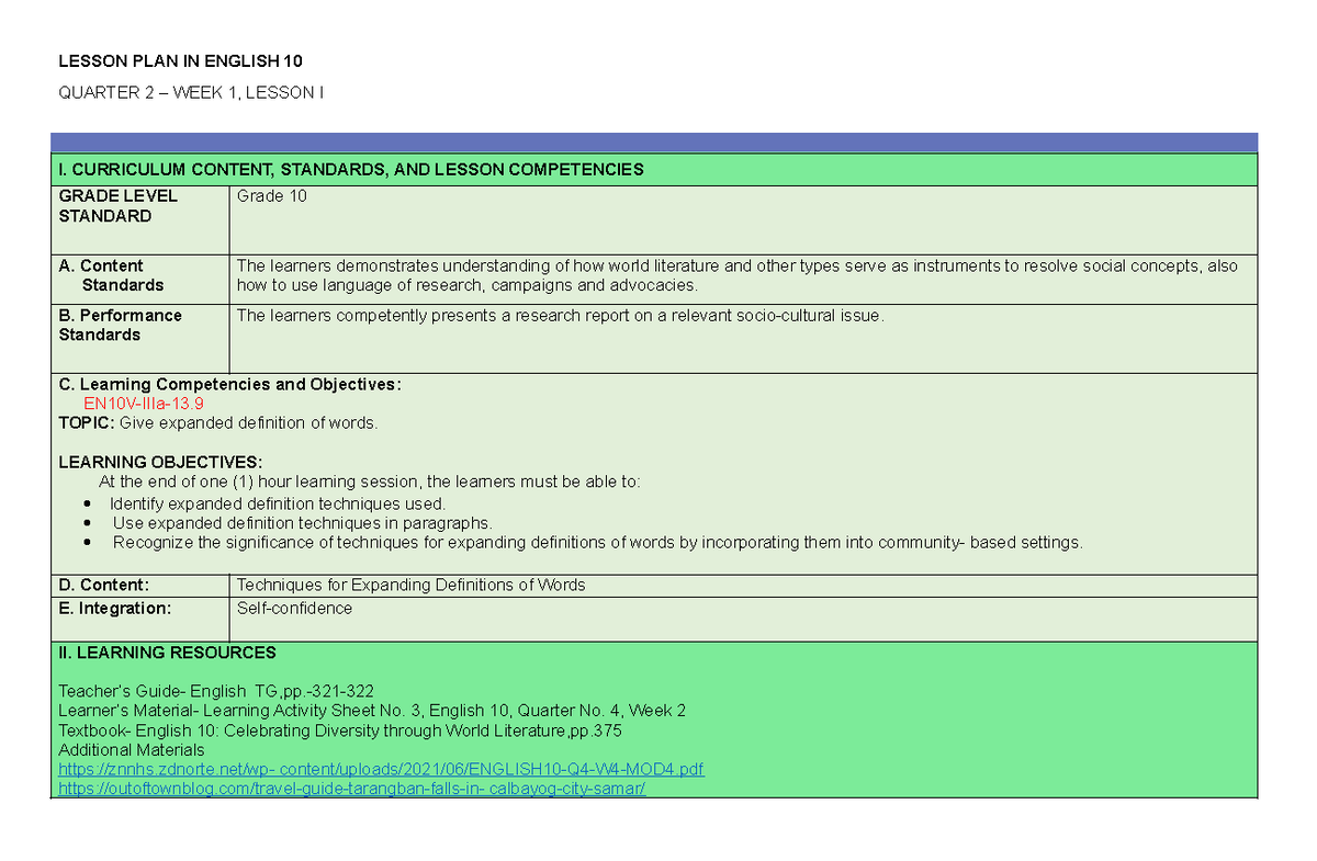 Format Lesson Exemplar English Revise - LESSON PLAN IN ENGLISH 10 ...