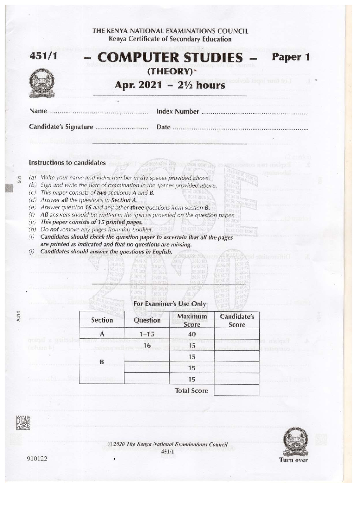 2020 KCSE Computer Studies Paper 1 (THEORY) Exam Questions and Answers ...