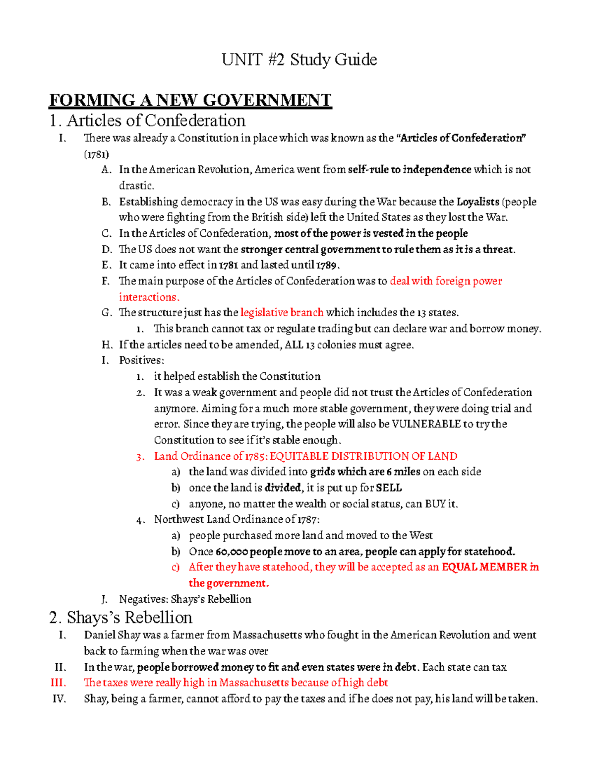 History Honors UNIT #2 Study Guide: Forming a New Government - Studocu