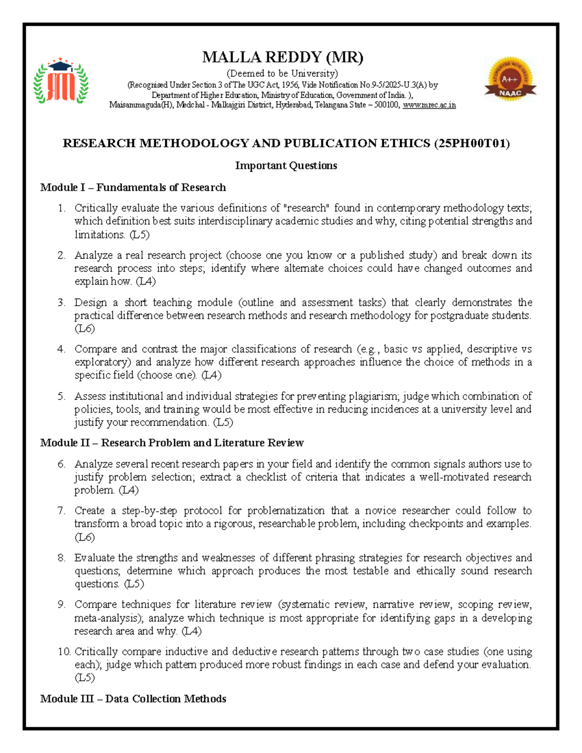 RESEARCH METHODOLOGY & PUBLICATION ETHICS (25PH00T01) Key Questions ...