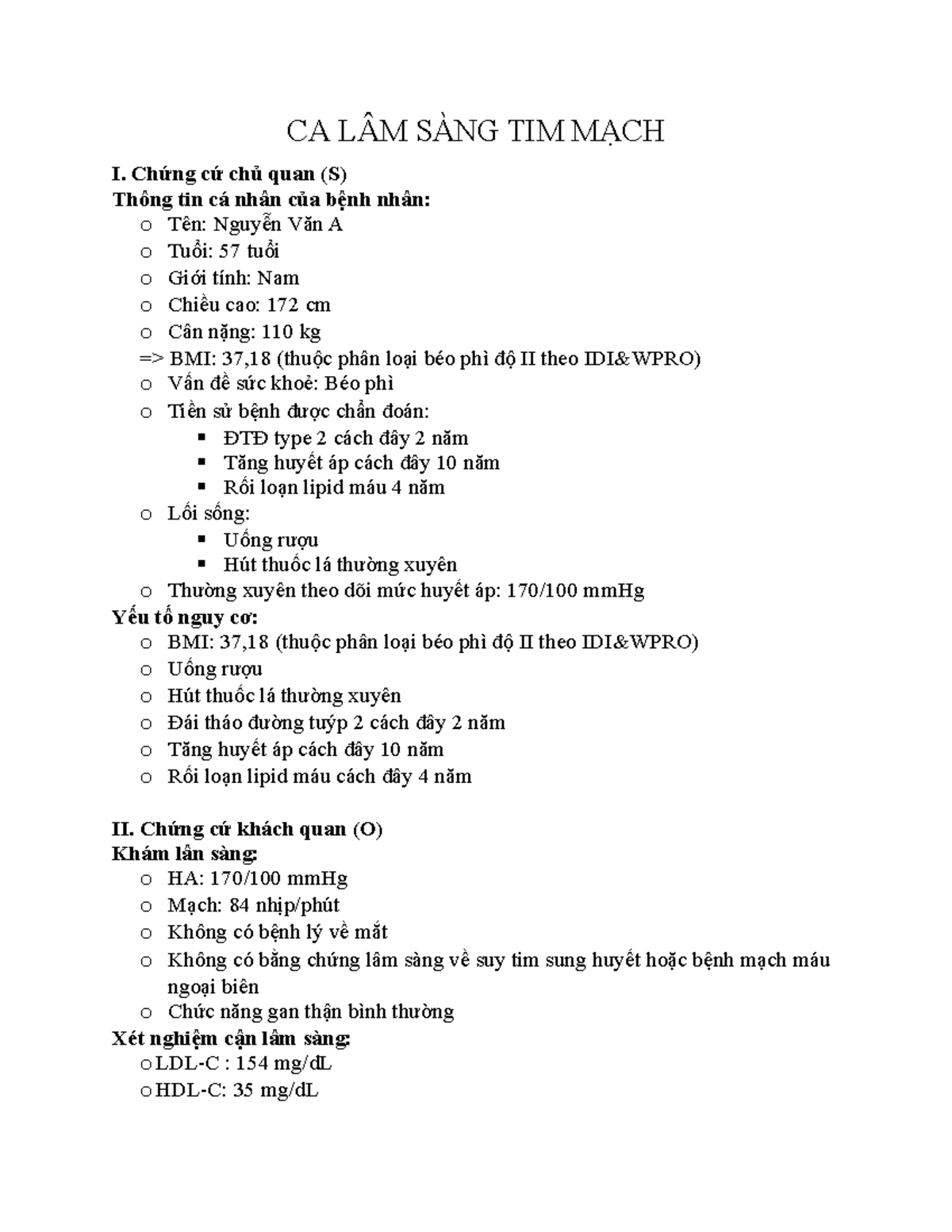 CA LÂM SÀNG TIM MẠCH I - Chẩn Đoán và Điều Trị Bệnh Nhân - Studocu