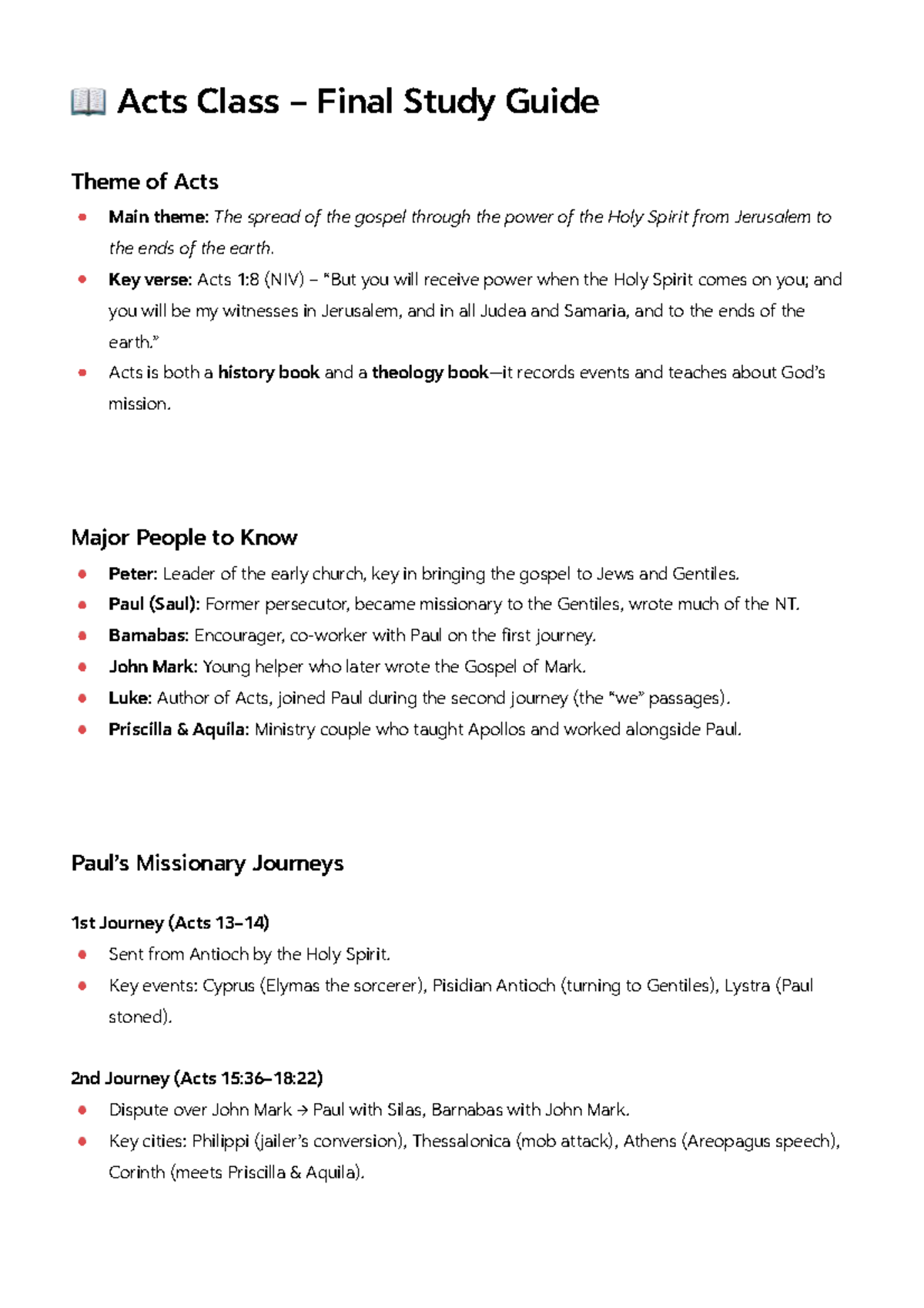 Acts Class - Final Study Guide: Key Themes & Major Figures - Studocu