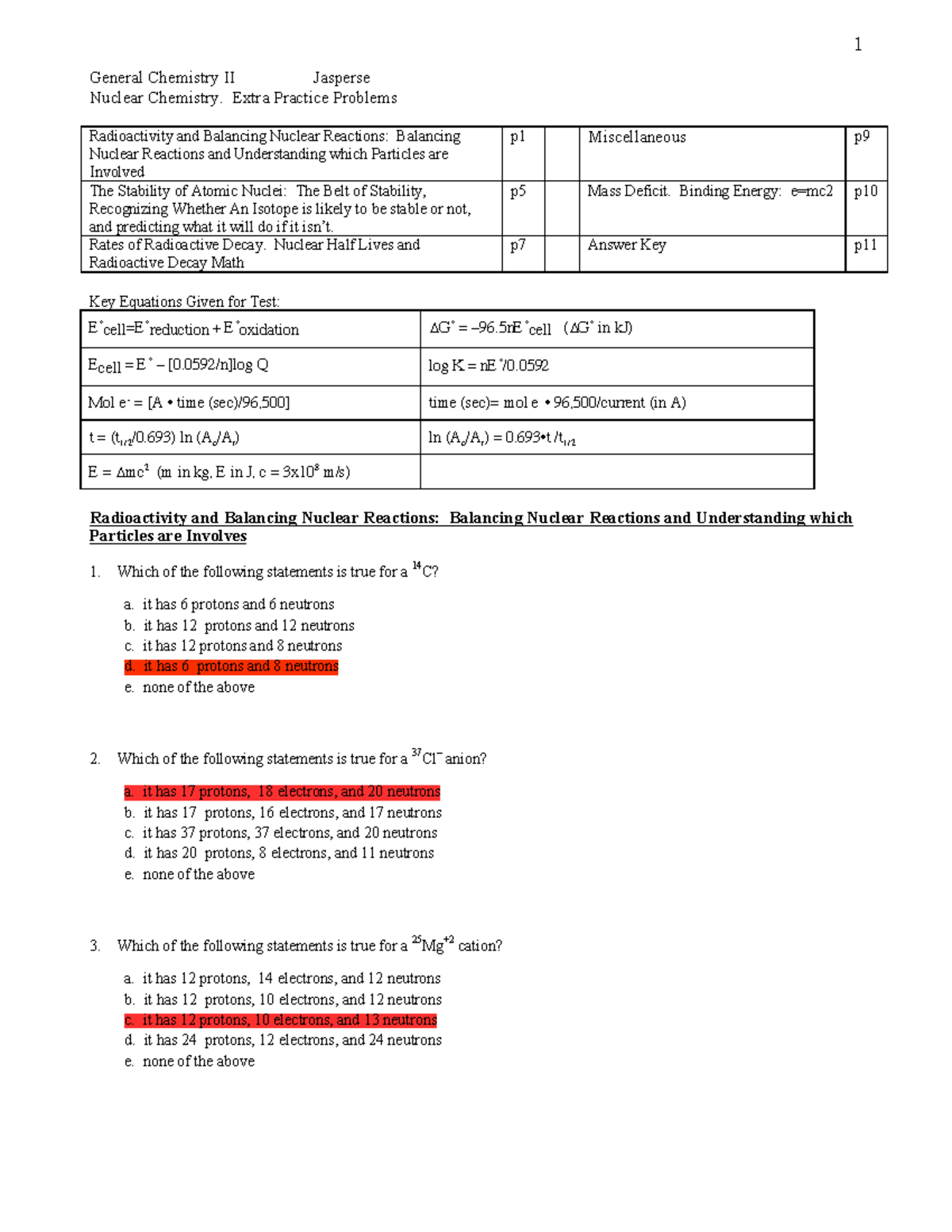 General Chemistry II (CHEM 102) Final Exam: Nuclear Chemistry Practice ...