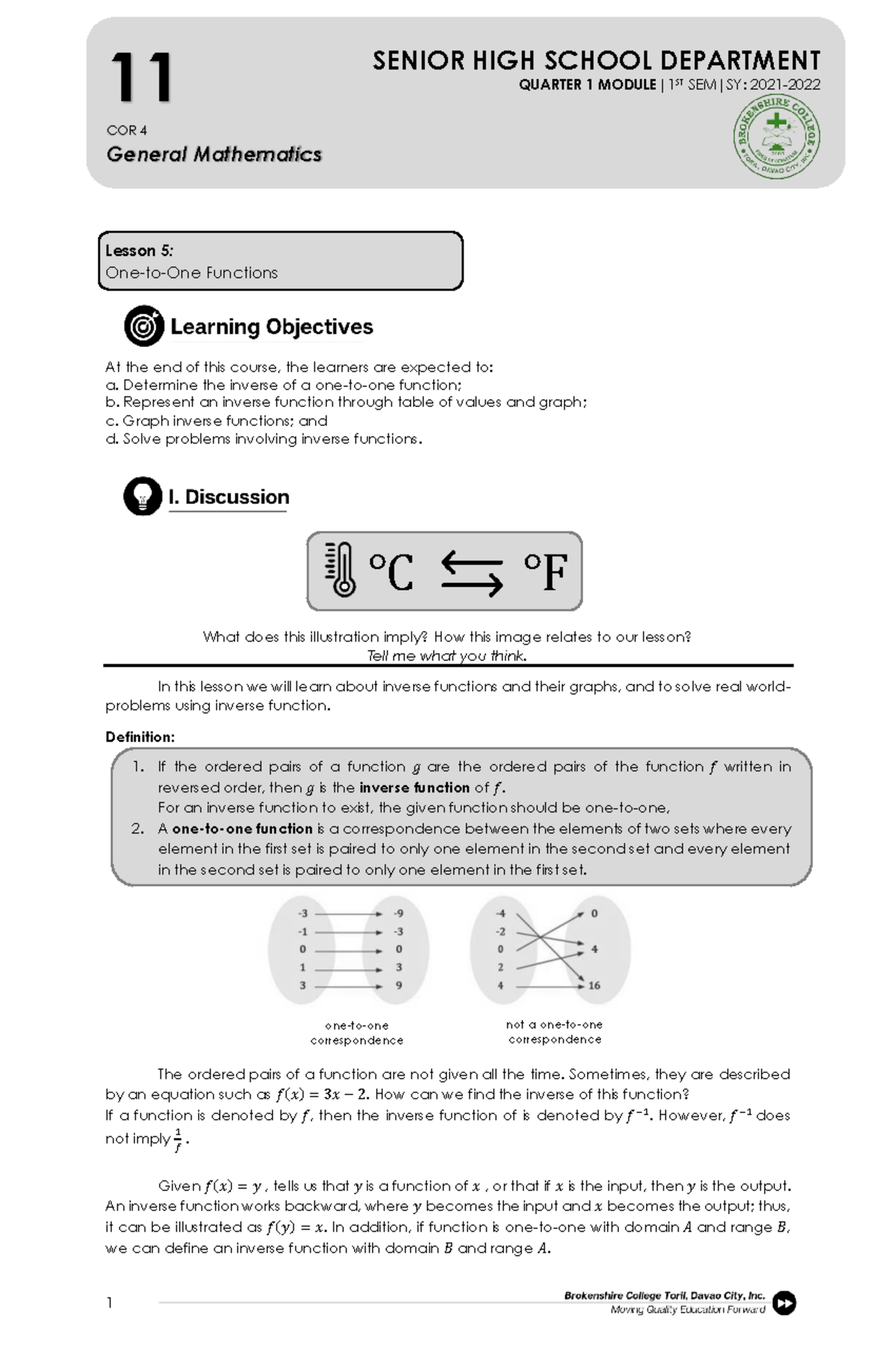 GM Lesson-5 One-to-One-Functions - ####### Lesson 5 : ####### One-to ...