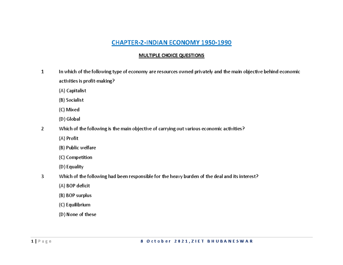 ECON 101 - Multiple Choice Questions on Economic Concepts and Policies ...