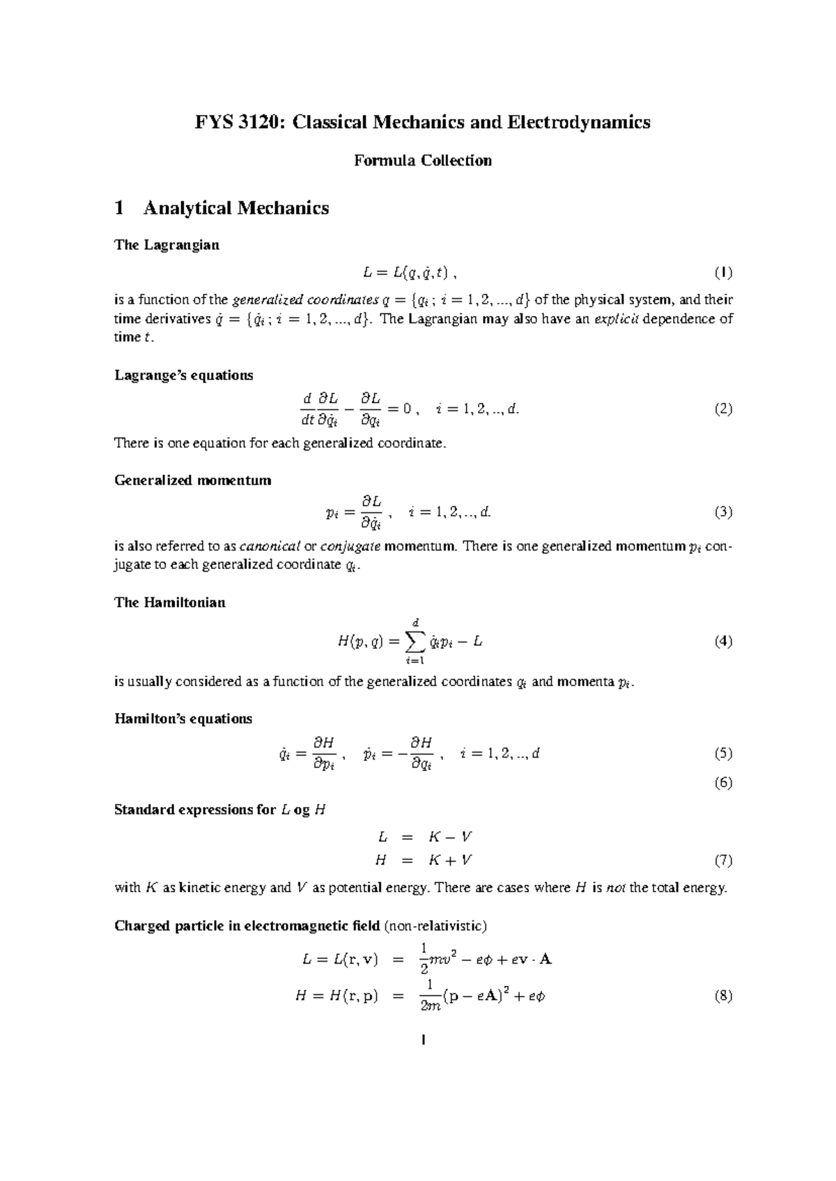 FYS 3120: Classical Mechanics & Electrodynamics Formula Collection ...