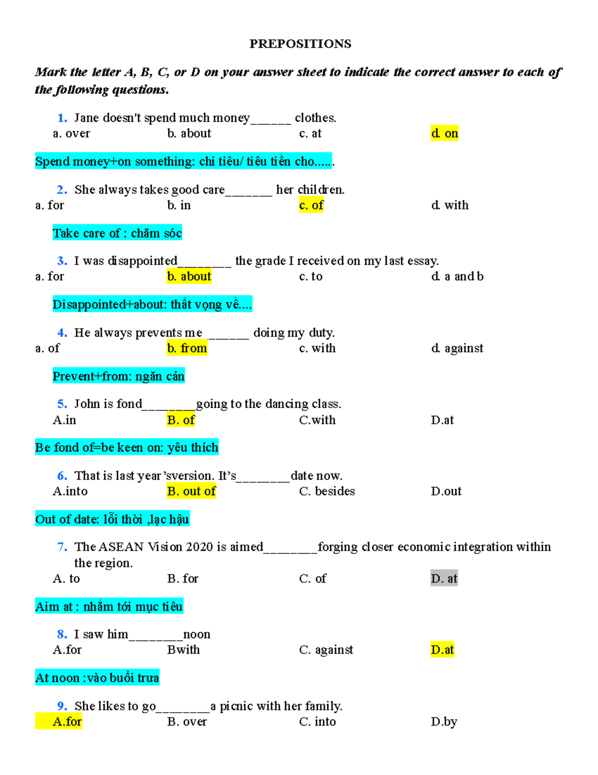 Prepositions and Articles Practice Questions (ENG 101) - Studocu