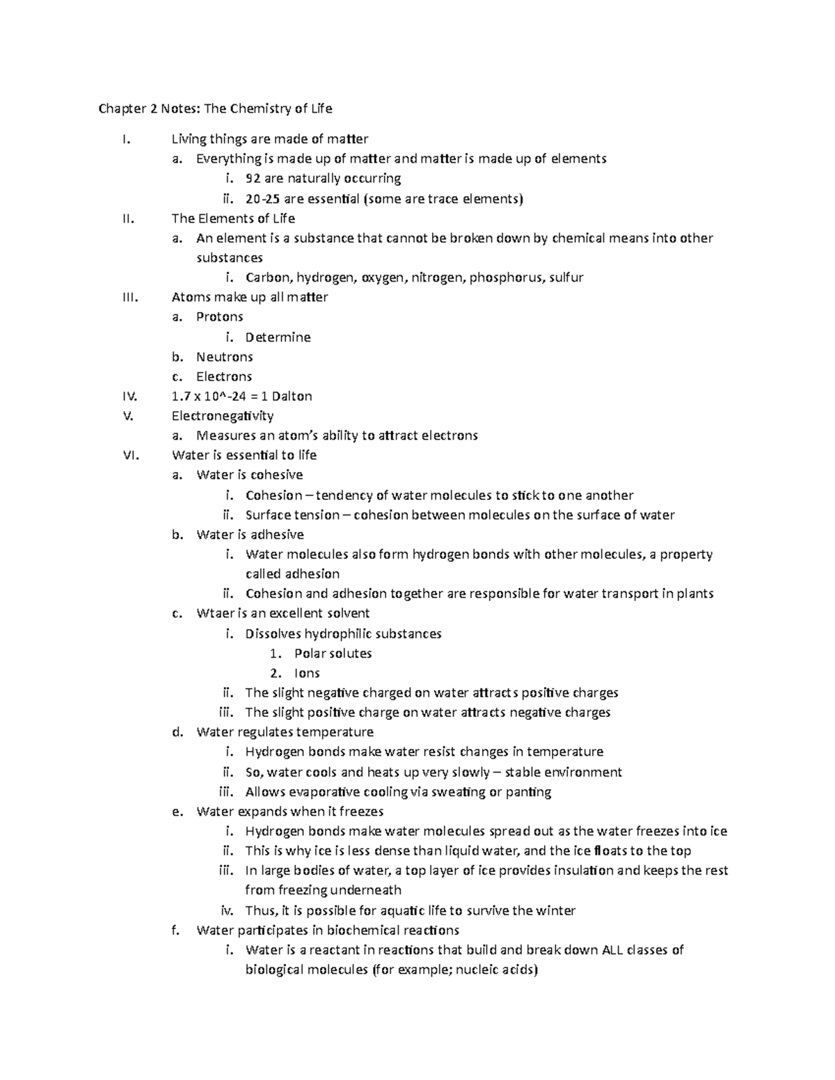 Ch. 2 Notes - The Chemistry of Life Overview - Anderson - Studocu