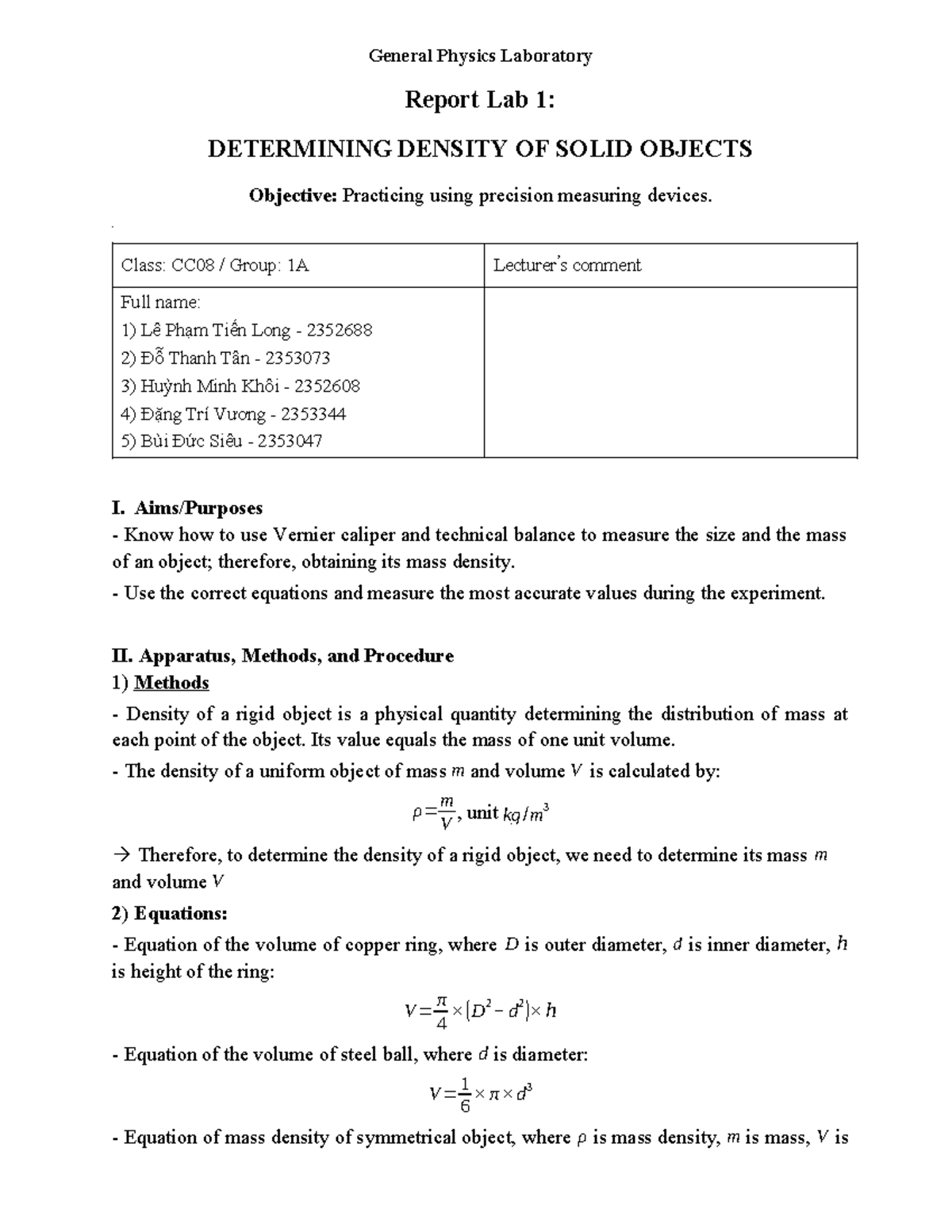Report-LAB-1 - Density Measurement of Solid Objects in Physics - Studocu