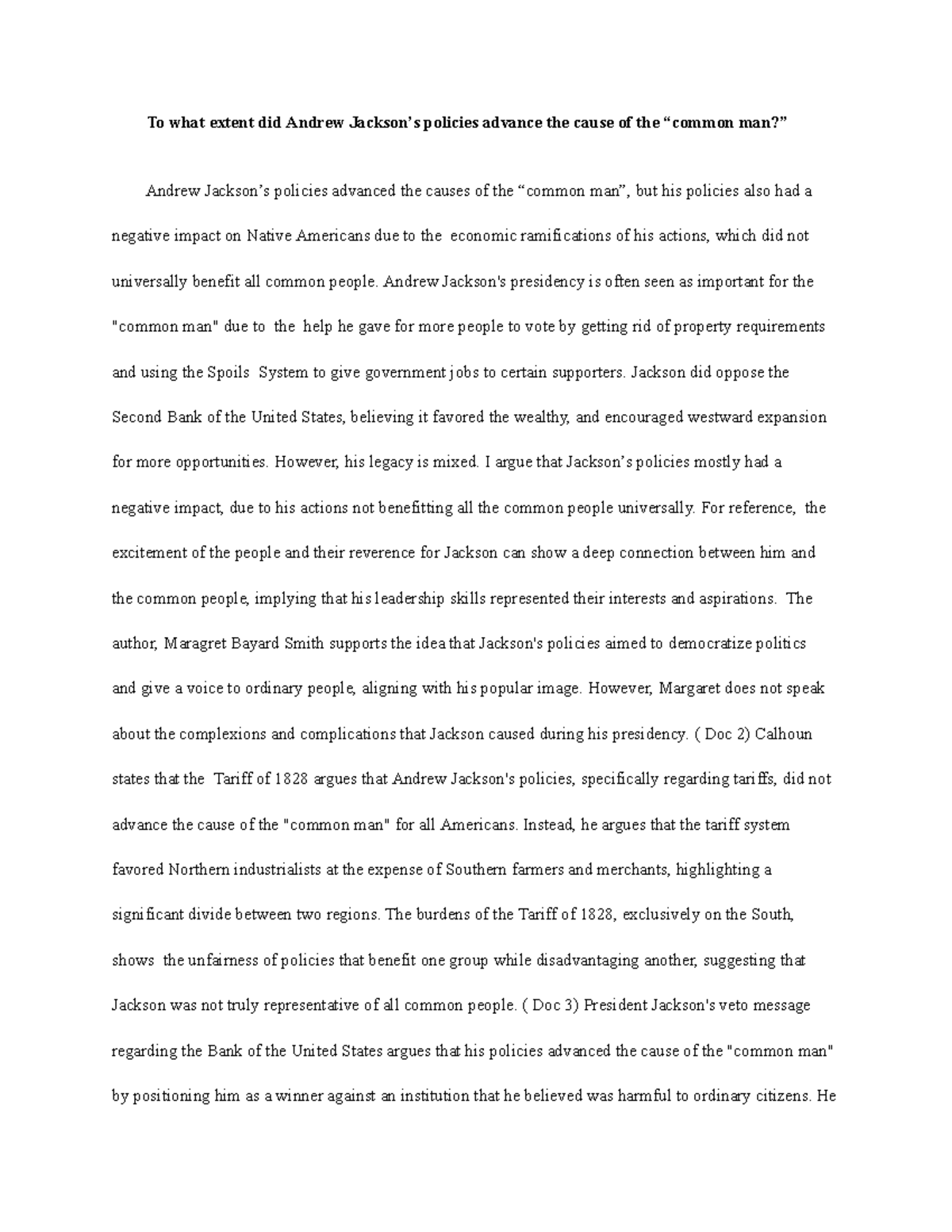 APUSH DBQ: Analyzing Andrew Jackson's Policies and Their Impact - Studocu