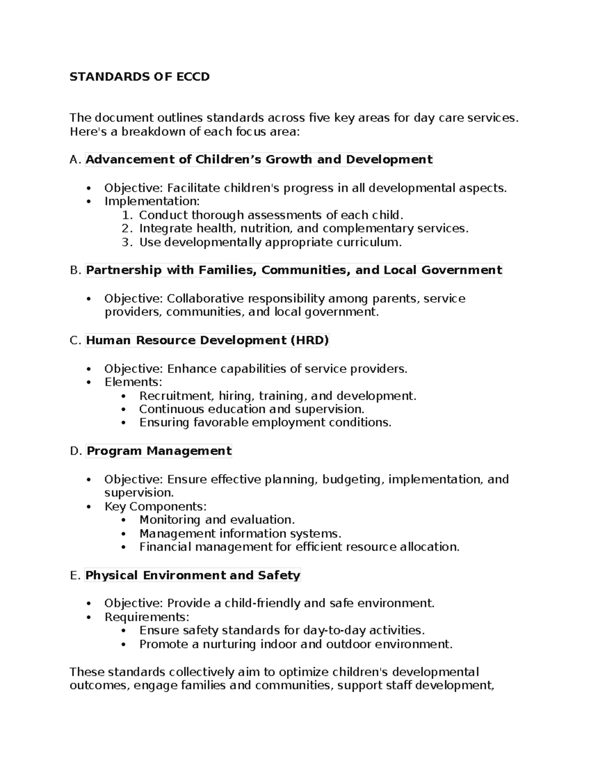 ECCD Standards Overview: Key Areas for Day Care Services - Studocu