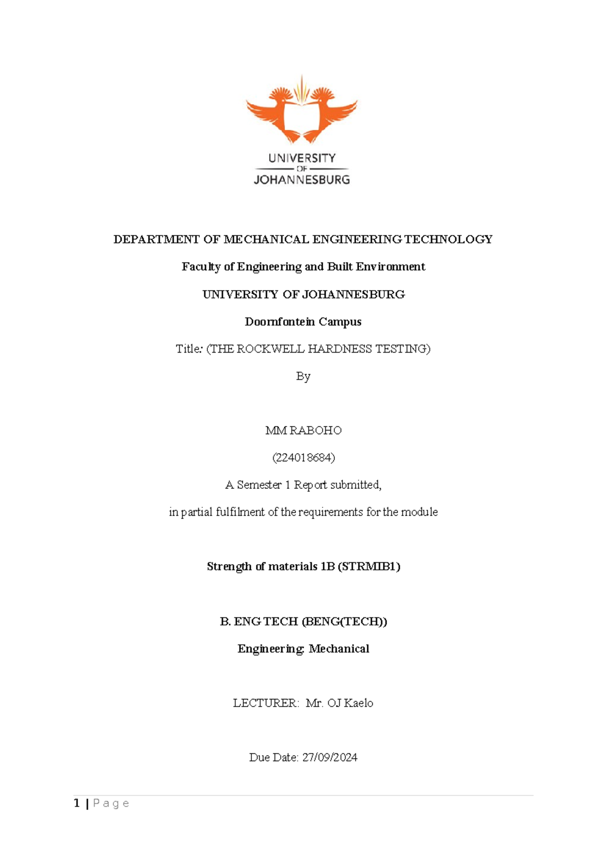 Rockwell Hardness Testing Report - STRMIB1 - Strength of Materials Lab ...