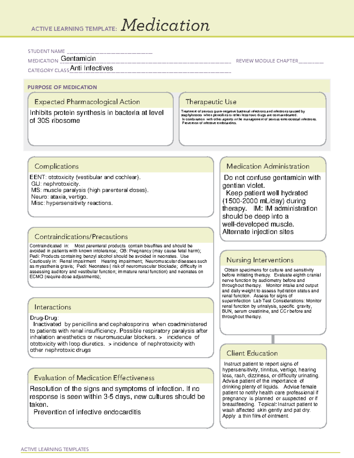 Gentamicin - Pharmacology Homework Template (Medication Review) - Studocu