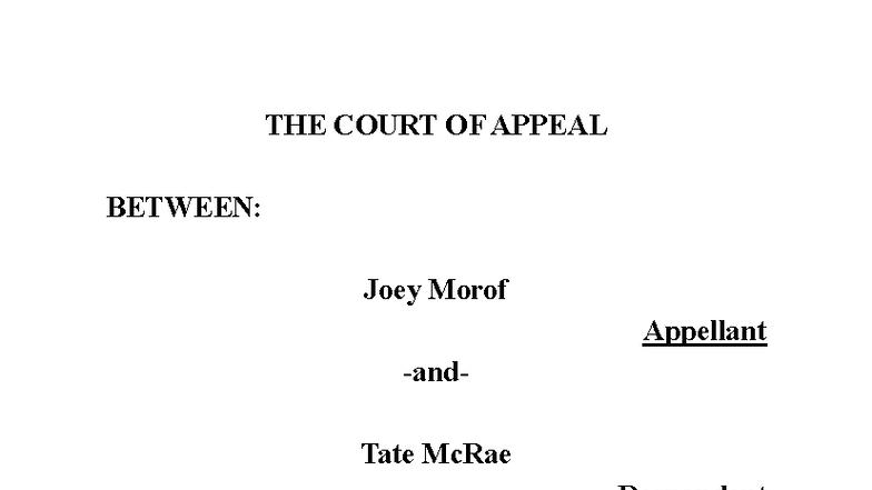COURT OF APPEAL MEMORIAL: Joey Morof v. Tate McRae (Team 16) - Studocu