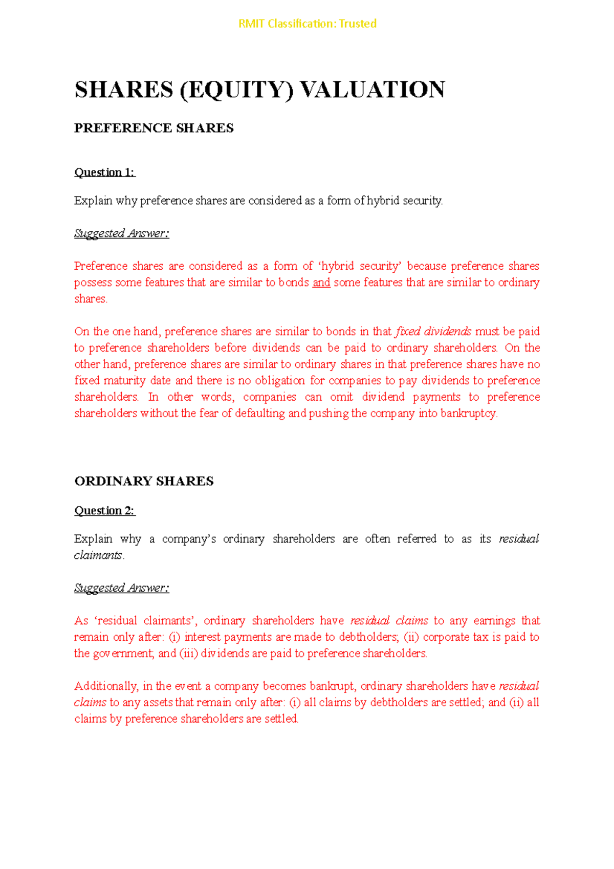 Lecture Illustartion Solution Hybrid - SHARES (EQUITY) VALUATION ...