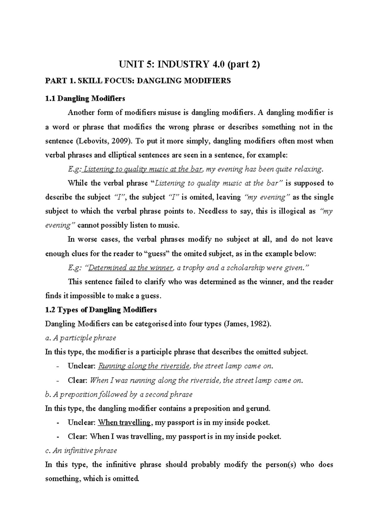 Unit 5 Handout: Understanding and Correcting Dangling Modifiers - Studocu