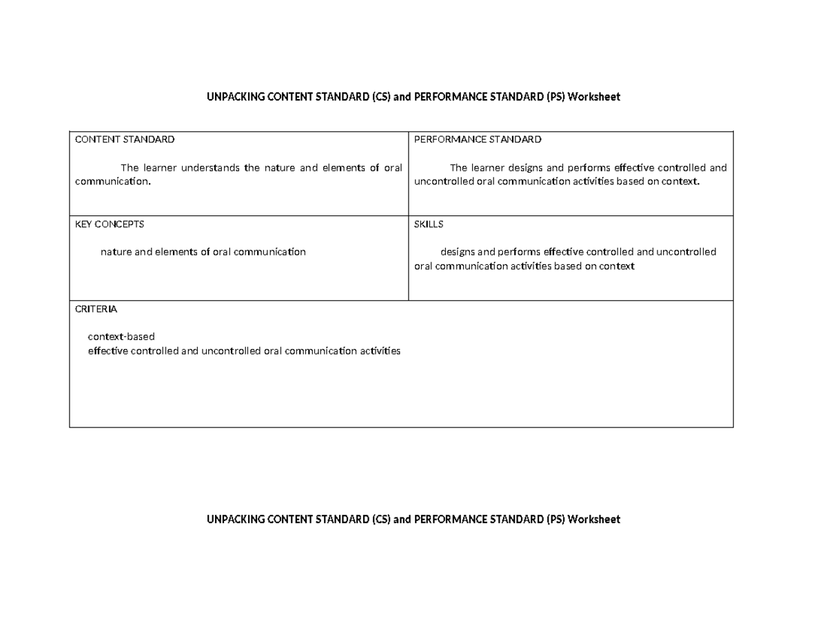 Unpacking Oral Communication Standards (CS & PS) Worksheet - Studocu