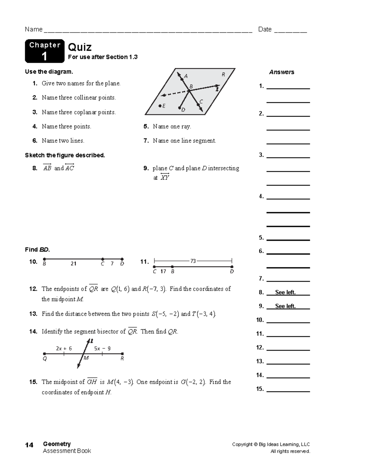 Geometry Assessment Book 01: Quizzes and Tests for Chapter 1 - Studocu