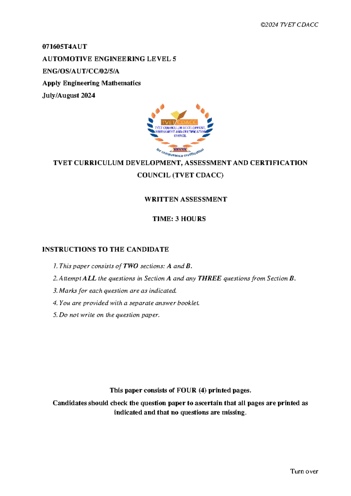 TVET CDACC 071605T4AUT Engineering Mathematics Level 5 Exam 2024 - Studocu