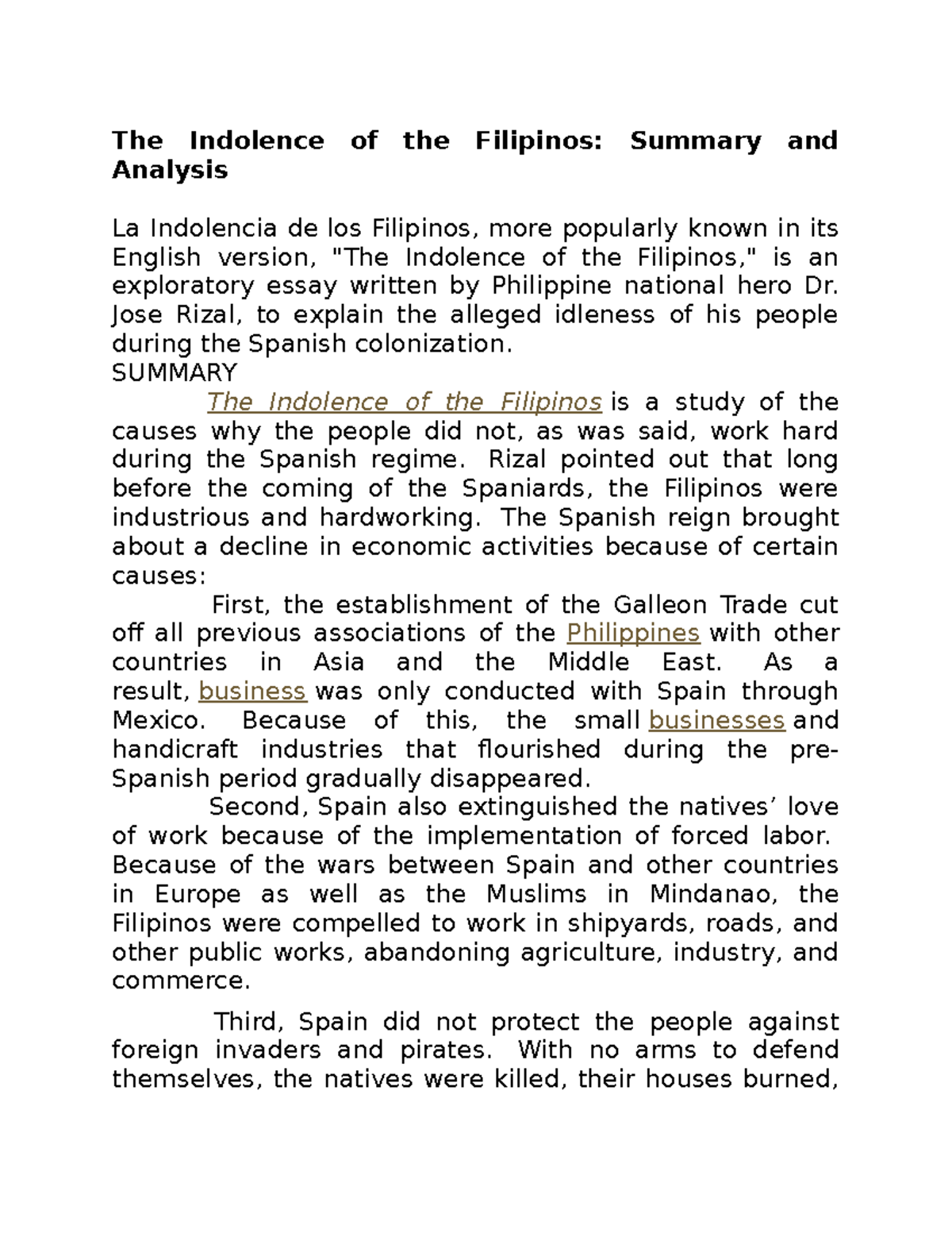 Summary and Analysis of "The Indolence of the Filipinos" - Studocu