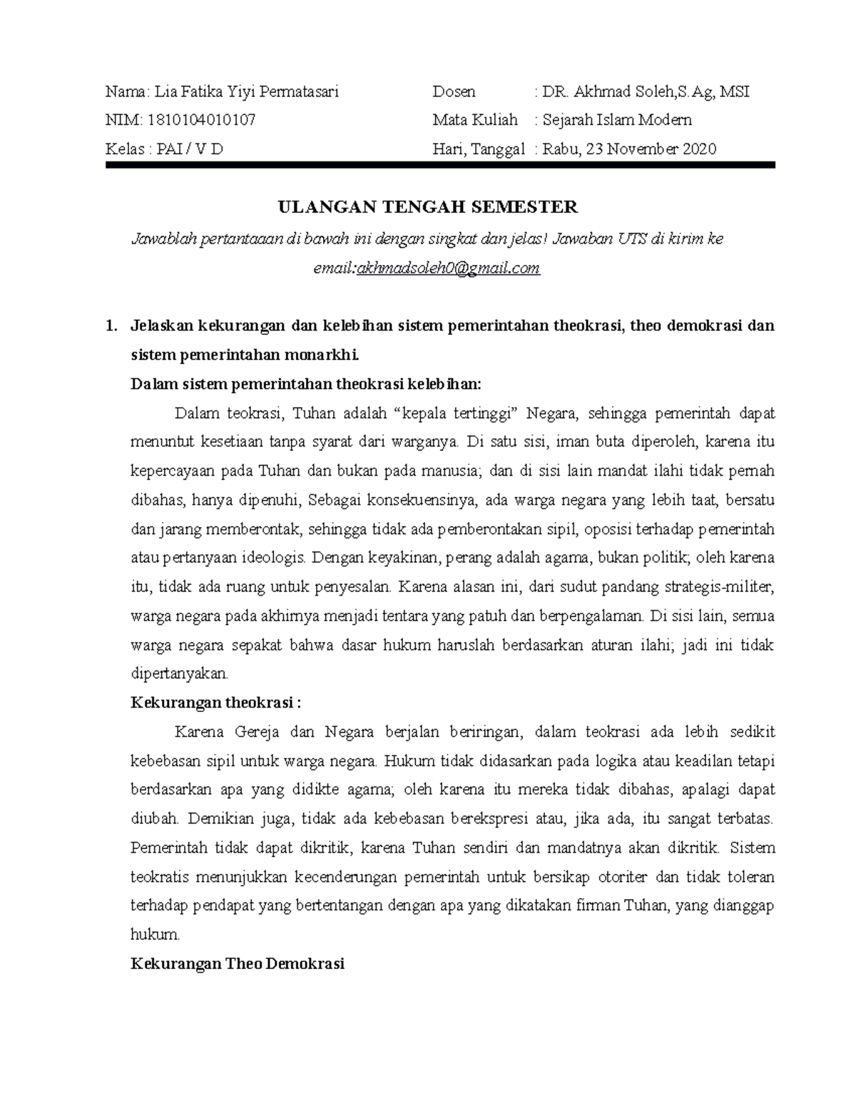 Kelebihan dan Kekurangan Teokrasi, Theo Demokrasi, dan Monarki - PAI/V D - Studocu