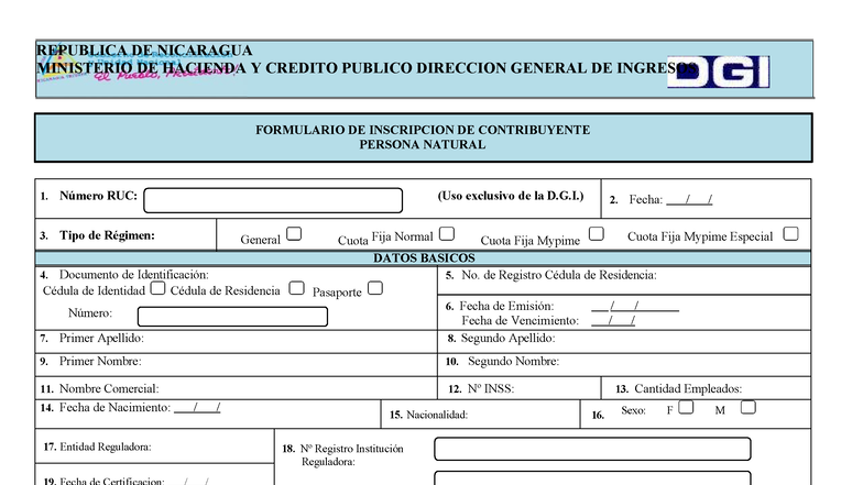 Formulario de Inscripción de Contribuyente Persona Natural DGI - Studocu